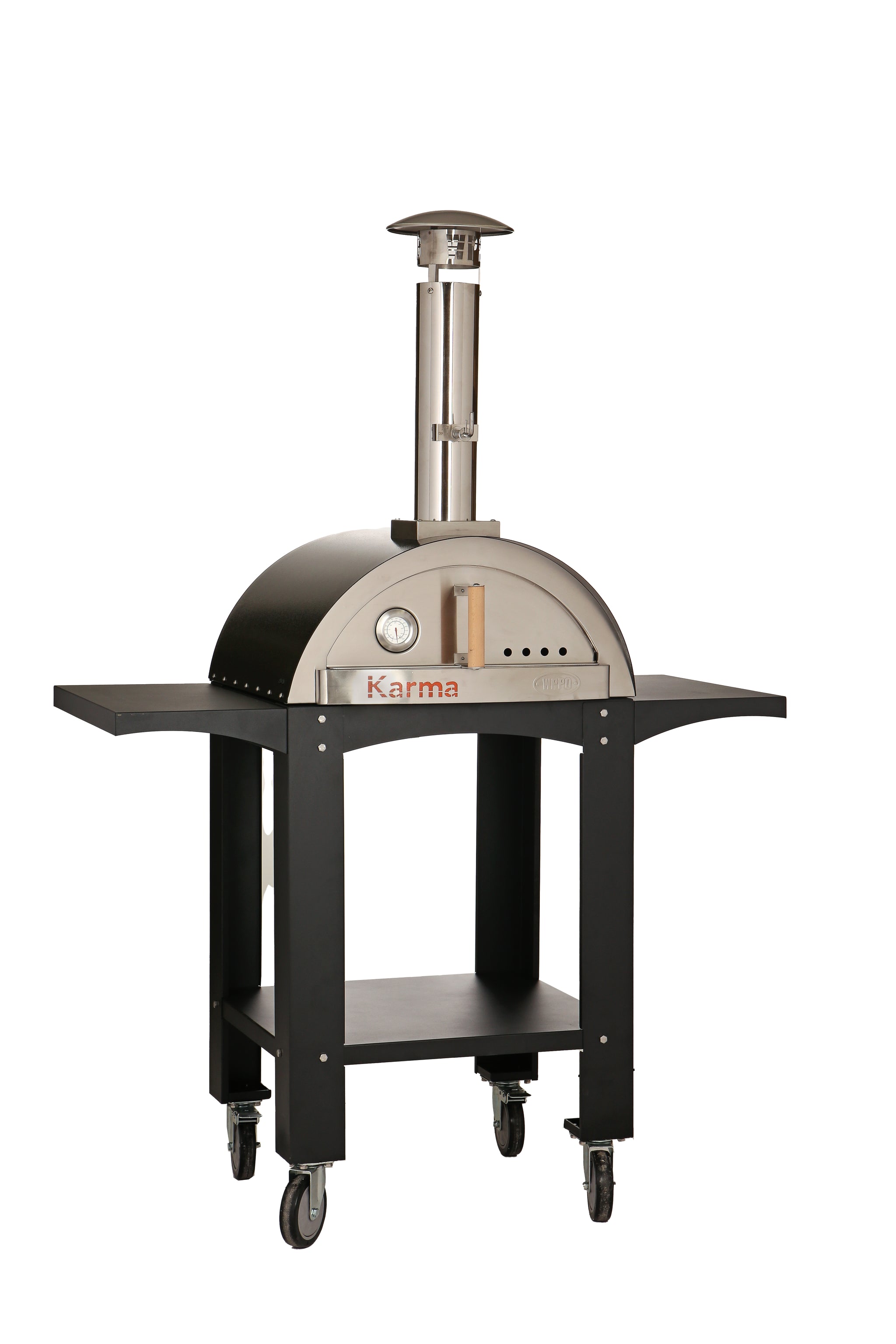 Karma 25-Inch Wood-Fired Pizza Oven | Stainless Steel, Cart & Side Shelves